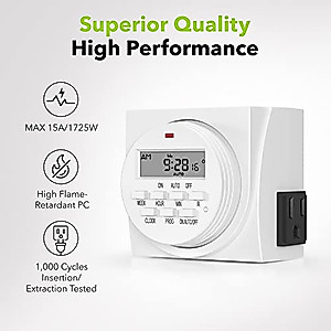 BN-LINK 7 Day Heavy Duty Digital Programmable Timer, FD60 U6, 115V, 60Hz, Dual Outlet, Indoor, for Lamp Light Fan Security UL Listed