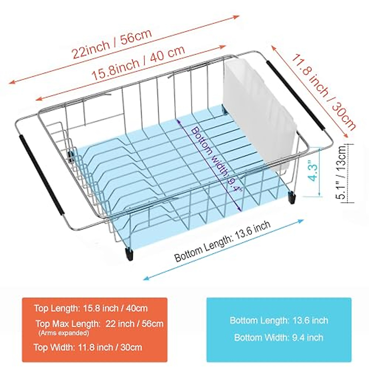 iPEGTOP Expandable Multifunctional Dish Drying Rack, Over The Sink, in Sink Or On Counter Dish Drainer Rack Organizer Shelf with White Utensil Silverware Holder, Rustproof Stainless Steel