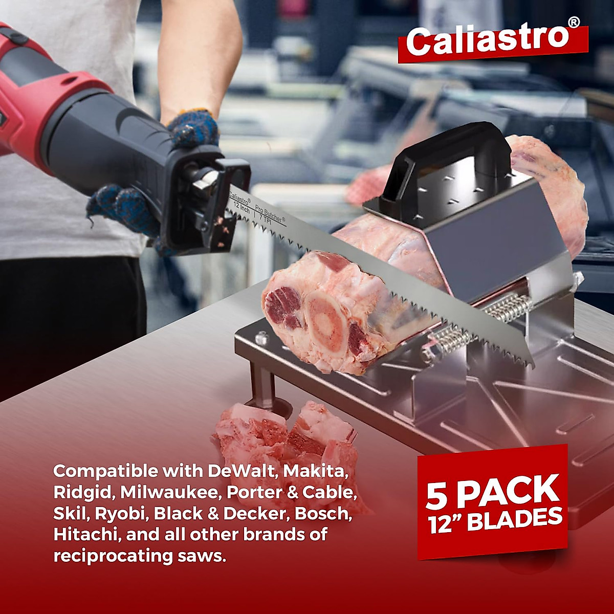 12-Inch Stainless Steel Frozen Meat Bone Cutting Saw Blades for Reciprocating and Sawzall Saws - 5 Pack - Caliastro