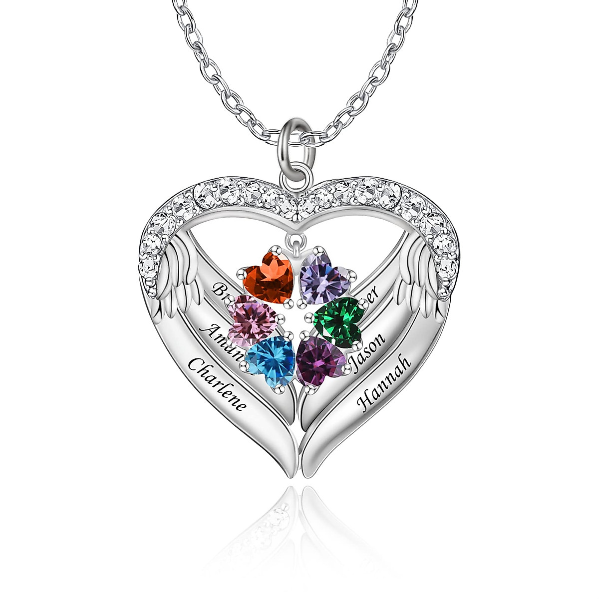 ORFANDE Personalized Mothers Necklace with 1-6 Names and Simulated Birthstones Custom Heart Pendant Necklace for Mom Personalized Mother Necklace for Christmas (6 Names)