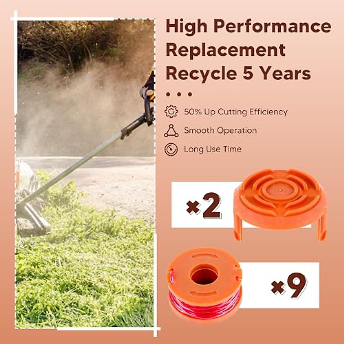 PETOX WA0010 Trimmer Line Spools Replacement for Worx Weed Eater, 0.065 inch Autofeed Trimmer Line String Refills Compatible with Worx Cordless String Trimmers (9 Line Spools+2 Cap)