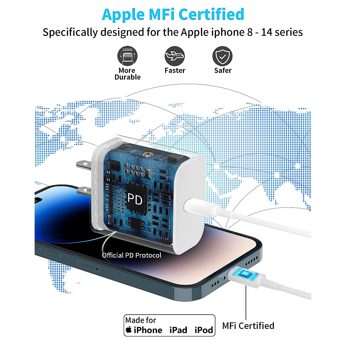 iPhone Charger Fast Charging,3-Pack 20W Type C Fast Wall Charger,USB C Charger Block for iPhone 14/13 Pro/12 Mini/11 Pro Max/X/XS/8,iPad Pro/Air/Mini,AirPods with 6.6FT MFi Certified Lightning Cable