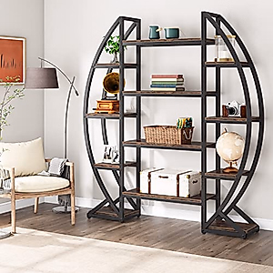 Bookshelf, Oval Triple Wide 5 Tiers Etagere Bookcases, Industrial Display Shelves for Living Room (Brown, 55")