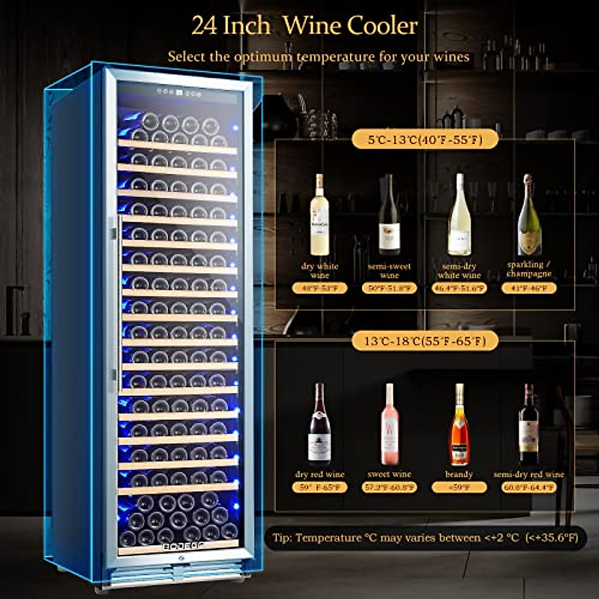 BODEGA 24 Inch Wine Cooler, 176 Bottles Wine Refrigerator with High-Capacity, Built-in & Freestanding Wine Fridge with Advanced Cooling Compressor for Red, Rose and Sparkling Wines,Quiet Operation