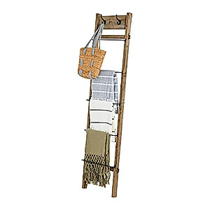 Creative Co-Op Fir Wood Wall Metal Bar and 2 Hooks Decorative Ladder, Natural