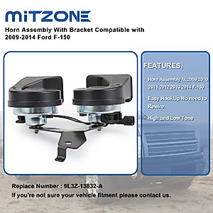 MITZONE Horn Assembly with Bracket Compatible with 2009-2014 Ford F-150 Replace 9L3Z-13832-A