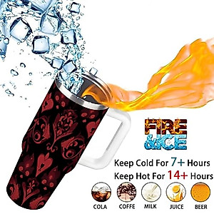 FOCIUZTA 40oz Deep Red Ornate Heart Pattern Tumbler with Lid, Travel Coffee Cup, Ideal for Easter, Gaming Enthusiast, Mother Day, and Birthday Gifts