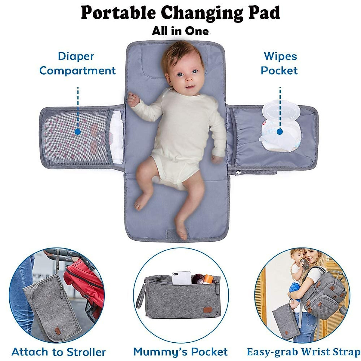 Dikaslon Diaper Bag Backpack, Stroller Hooks, Large Unisex Baby Bags with Changing Pad, Pacifier Case and Universal Stroller Clips for Mom Dad