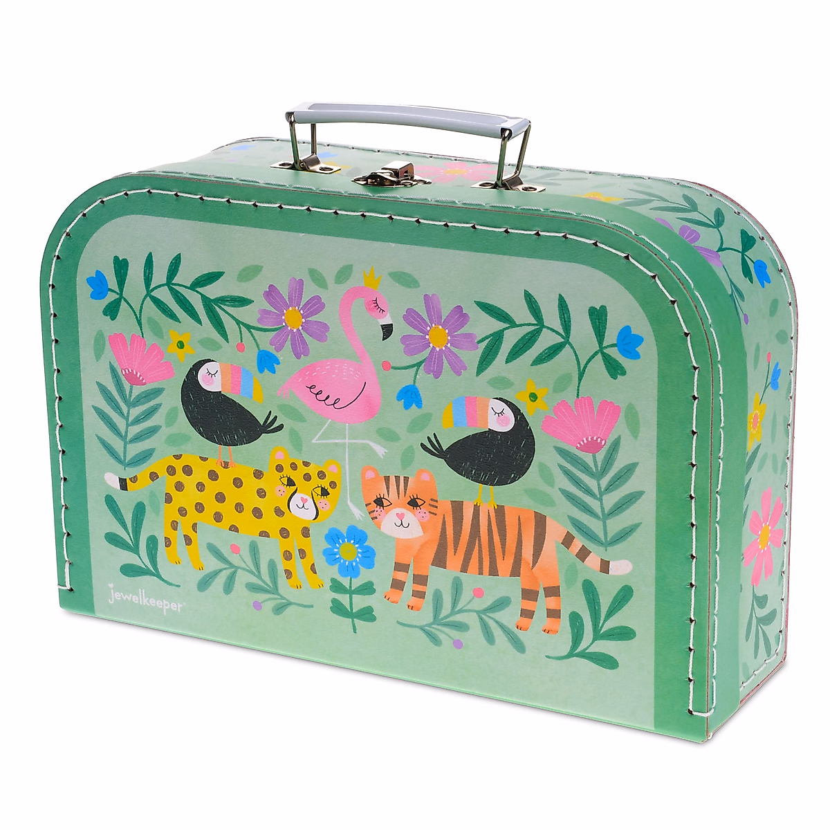 Jewelkeeper Tea Set for Little Girls - 15 Piece Sets Kids Tin Tea Party with Cups, Saucers, Plates & Serving Trays-Toddler Princess Tea Time Pretend Play-Safari Design Picnic Toy -Girls Birthday Gift