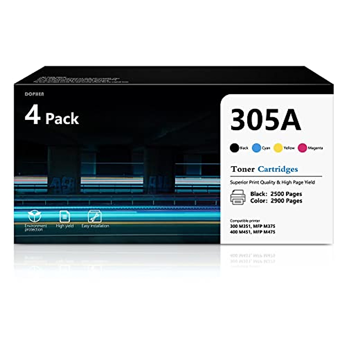 305A Toner Cartridges (4-Pack,Black, Cyan, Magenta, Yellow) - DOEN Compatible CE410A CE411A CE412A CE413A Replacement for HP Pro 300 M351, Pro 300 MFP M375, Pro 400 M451, Pro 400 MFP M475 | CE305AQ1
