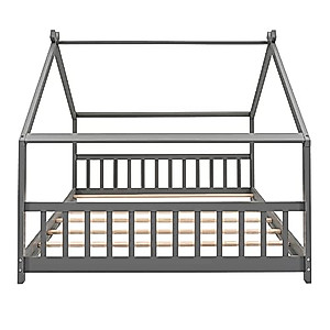 P PURLOVE Full Size House Bed for Kids, Teens,Wood Platform Bed with Headboard and Footboard,Toddlers House Floor Bed with Roof and Slat, No Box Spring Need,Espresso Bed Frame,Gray Bed Frame