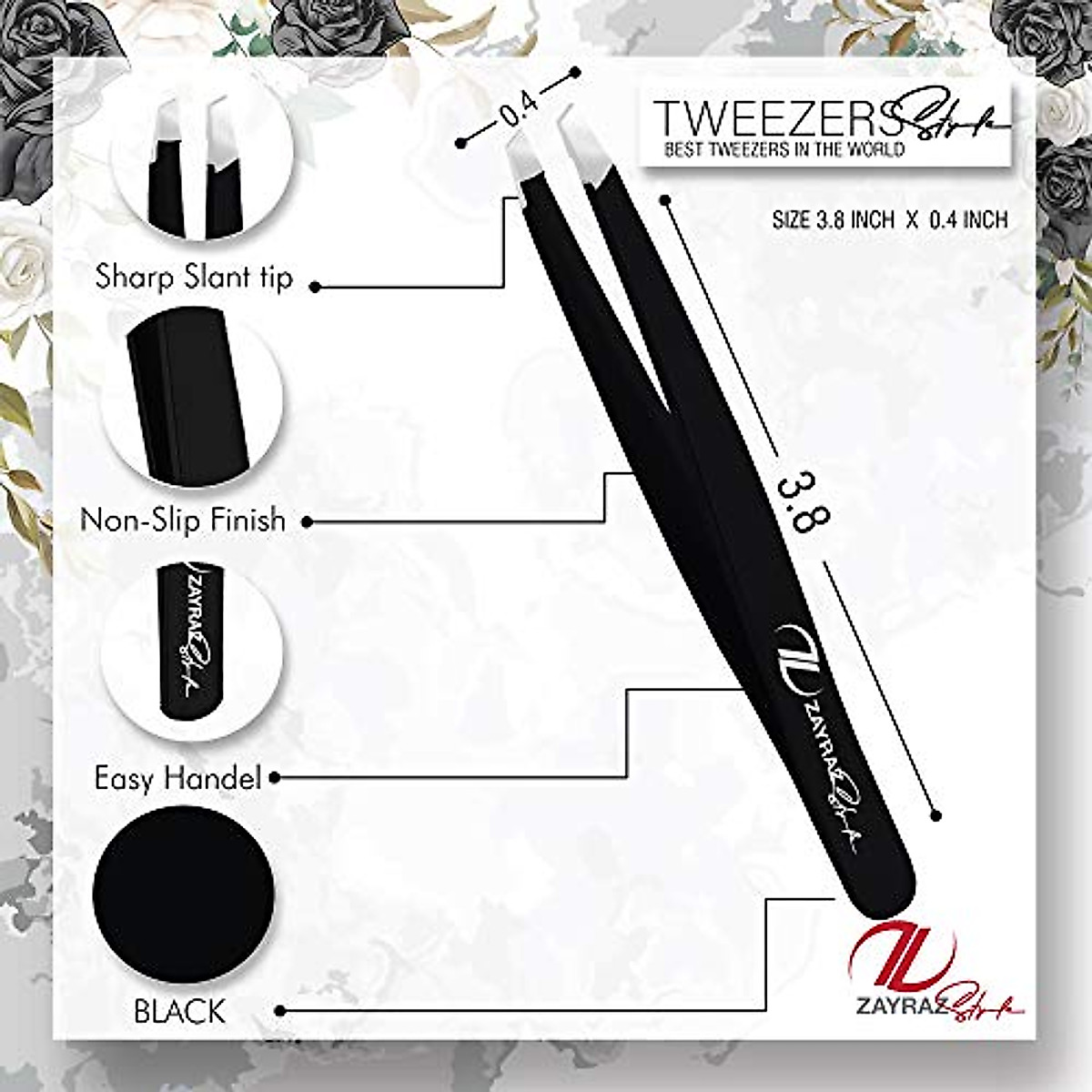 Slant Tip Tweezers - Professional Eyebrow Stainless Steel Tweezers - Best Precision Tweezers for Eyebrows - Splinter Tweezers for Facial Hair Removal for Daily Beauty Routine. (Black)