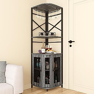 Osfvolr Bar Cabinet w/Wine Rack and Glass Holder, Corner Cabinet with Mesh Door, Corner Bar Cabinet with Adjustable Shelf, Liquor Cabinet Bar for Home, Black Oak, A2