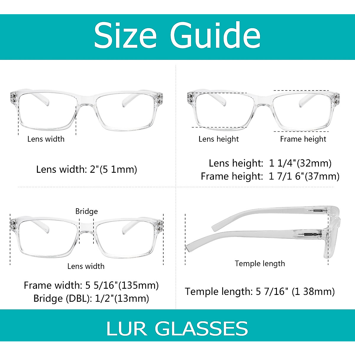 LUR READING GLASSES 6 Pack Spring Hinge Comfort Plastic Readers (Clear)