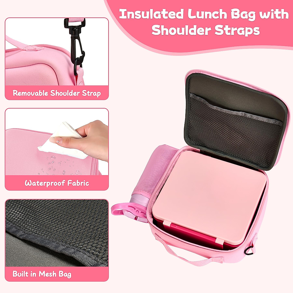 Kids Bento Lunch Box with 8oz Soup Thermo, Water Bottle, Kids Leakproof Lunch Food Containers with 4 Compartment, Kids Insulated Hot Food Jar with Lunch Bag for School, Trvael (Pink)