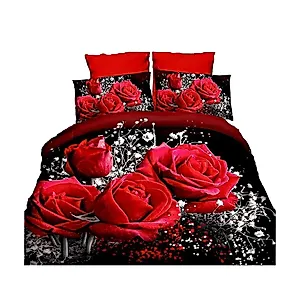 3D Bedding Set Home Textile Hot Red Rose Pattern 4pcs Queen Size Duvet Cover Sets Full King Twin Red Bed Sheet Set