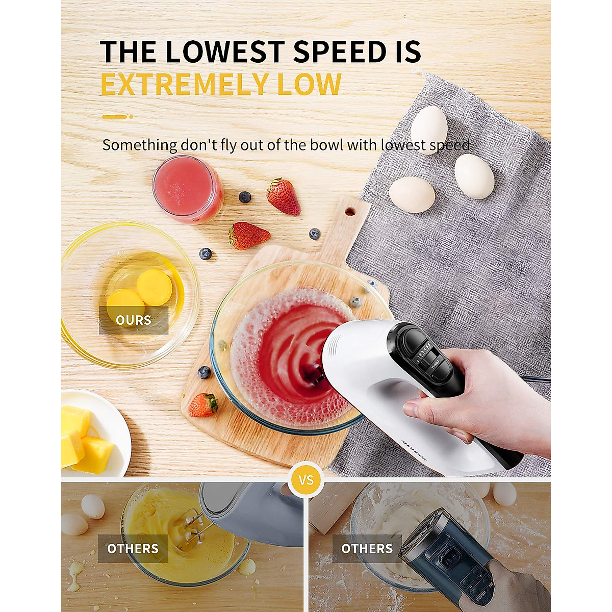 SHARDOR Hand Mixer Electric1.0, 6 Speed & Turbo Handheld Mixer with 5 Stainless Steel Accessories, For Whipping, Mixing Cookies, Brownie, Cakes, Dough Batters, Snap-On Storage Case, White