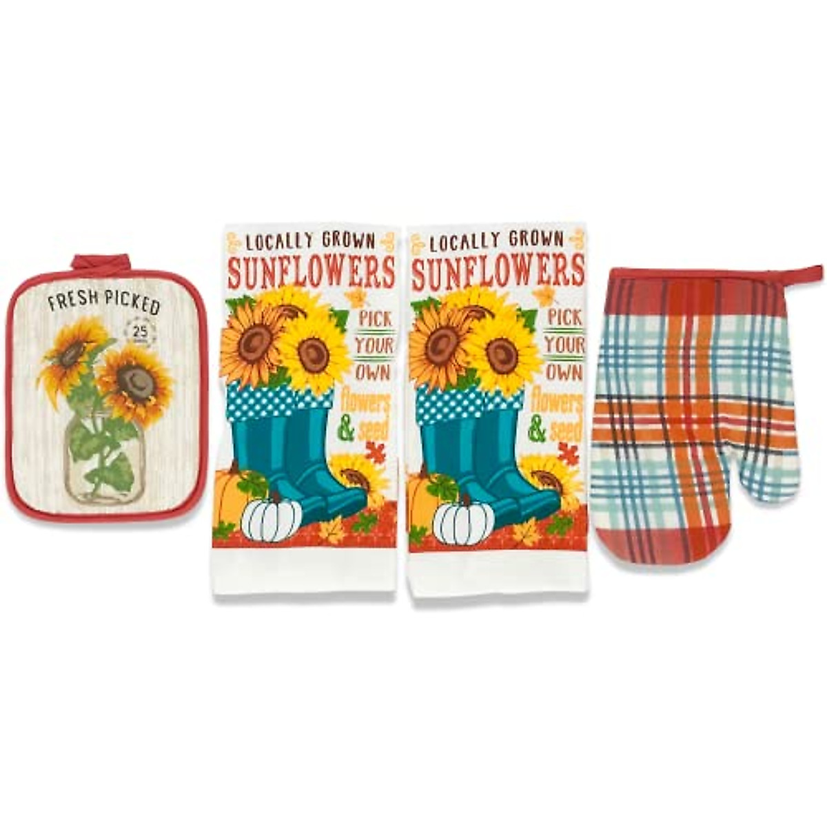 Autumn Sunflowers and Pumpkins Kitchen Towels and Pot Holder Set: Locally Grown Pick Your Own Flowers and Seeds with Cute Garden Boots (Be Thankful)