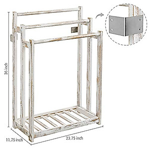 MyGift Shabby Whitewashed Wood Freestanding 3 Bar Towel Rack Holder with Bottom Storage Shelf, Laundry and Bathroom Towel Drying Rack