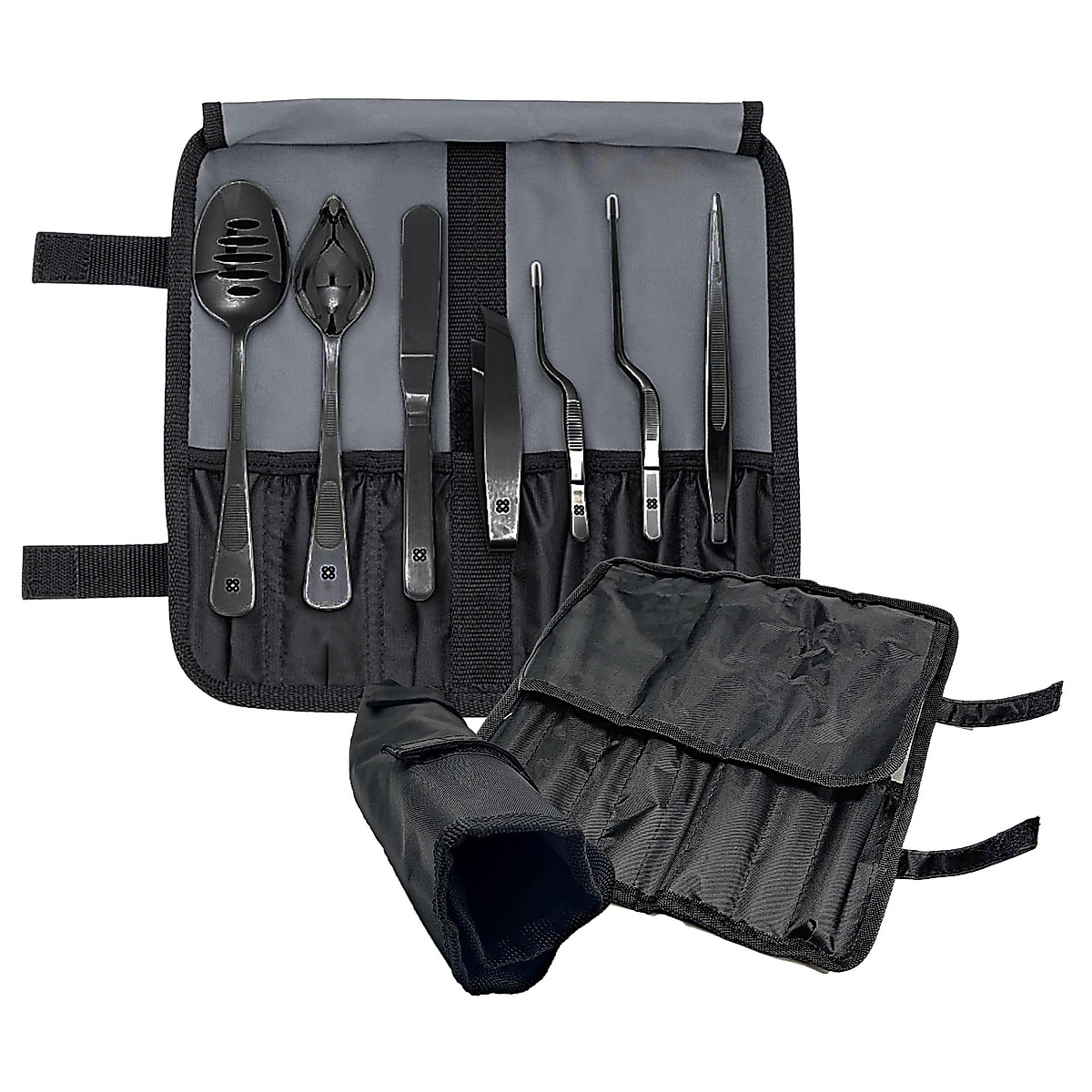 DOJA Barcelona | Chef Plating tools culinary set | BLACK | 7 Professional cooking Utensils | 3 kitchen tweezers Drawing Pencil Spoon Fish tongs Spatula Slotted spoon | Modernist cuisine food art