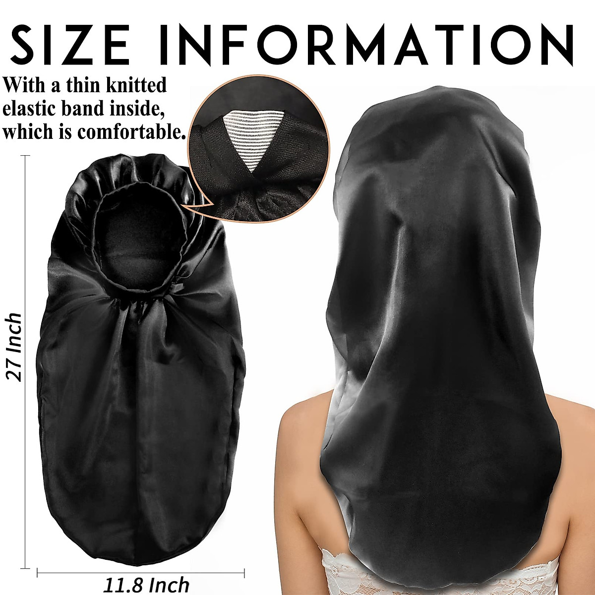 2Pcs Long Satin Bonnet Sleep Cap,Extra Large Braids Bonnets for Sleeping,Long Hair,Soft&Comfortable Elastic Band Bonnets for Women Night Sleep,Hair Bonnets for Women Satin (Black+Pink Pattern)