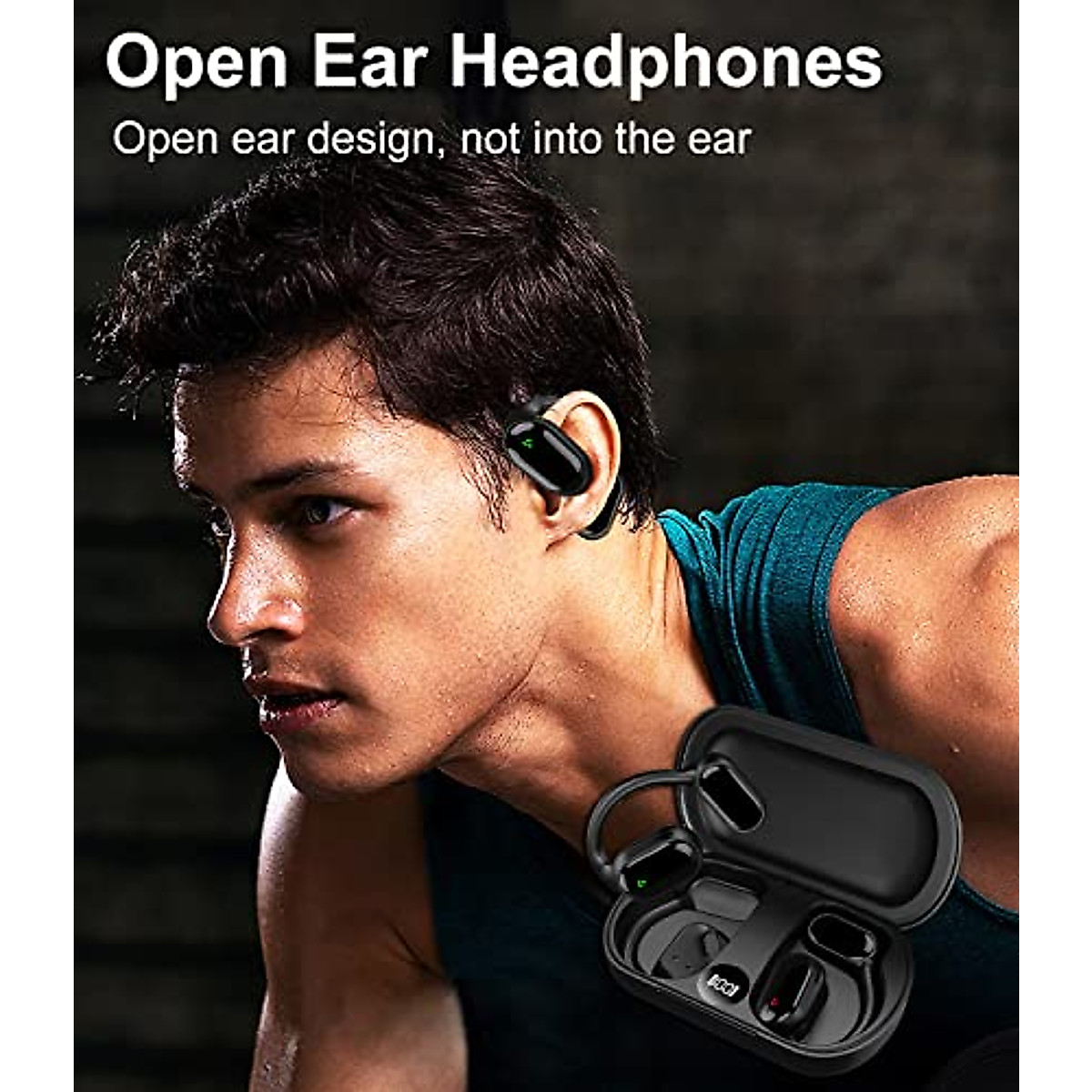 Open Ear Earbuds Bone Conduction Headphones Open Ear Headphones Wireless Bluetooth for Android iPhone, 36Hrs Playtime with Charging Case and LED Power Display Sweat Resistant for Outdoor Sports, Black
