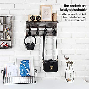 J JACKCUBE DESIGN Wall Mount Rustic Wood Entryway Storage Shelf with 4 Hooks, Coat Rack and Black Metal Wire Basket, Hanging Organizer for Mail and Key - MK522A