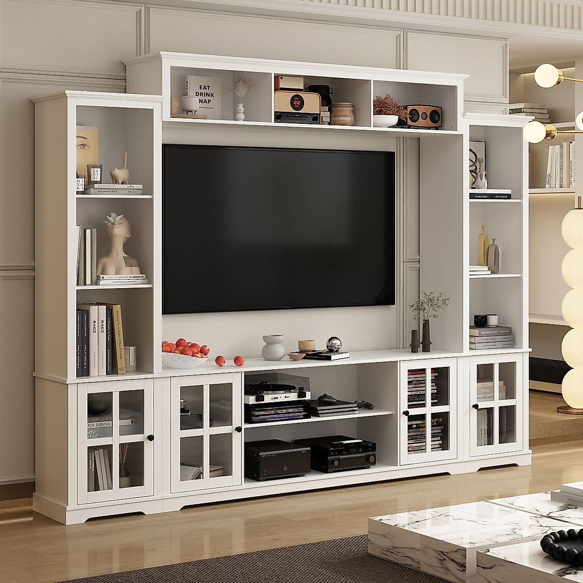 AIEGLE Entertainment Wall Unit Set with Bridge, Modern TV Stand with Glass Doors & Shelves, Large Console Table for TVs Up to 70", Living Room Storage Bookshelf Set, White (102" Wx14.6 Dx78.2 H)