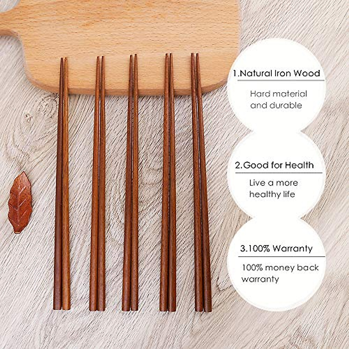 Chopsticks Reusable Chinese Wooden Chopsticks Dishwasher Safe Chopstick,Pack of 10 Natural Health for Cooking Eating,Korean & Japaness Style,9.8 inch Long,Brown