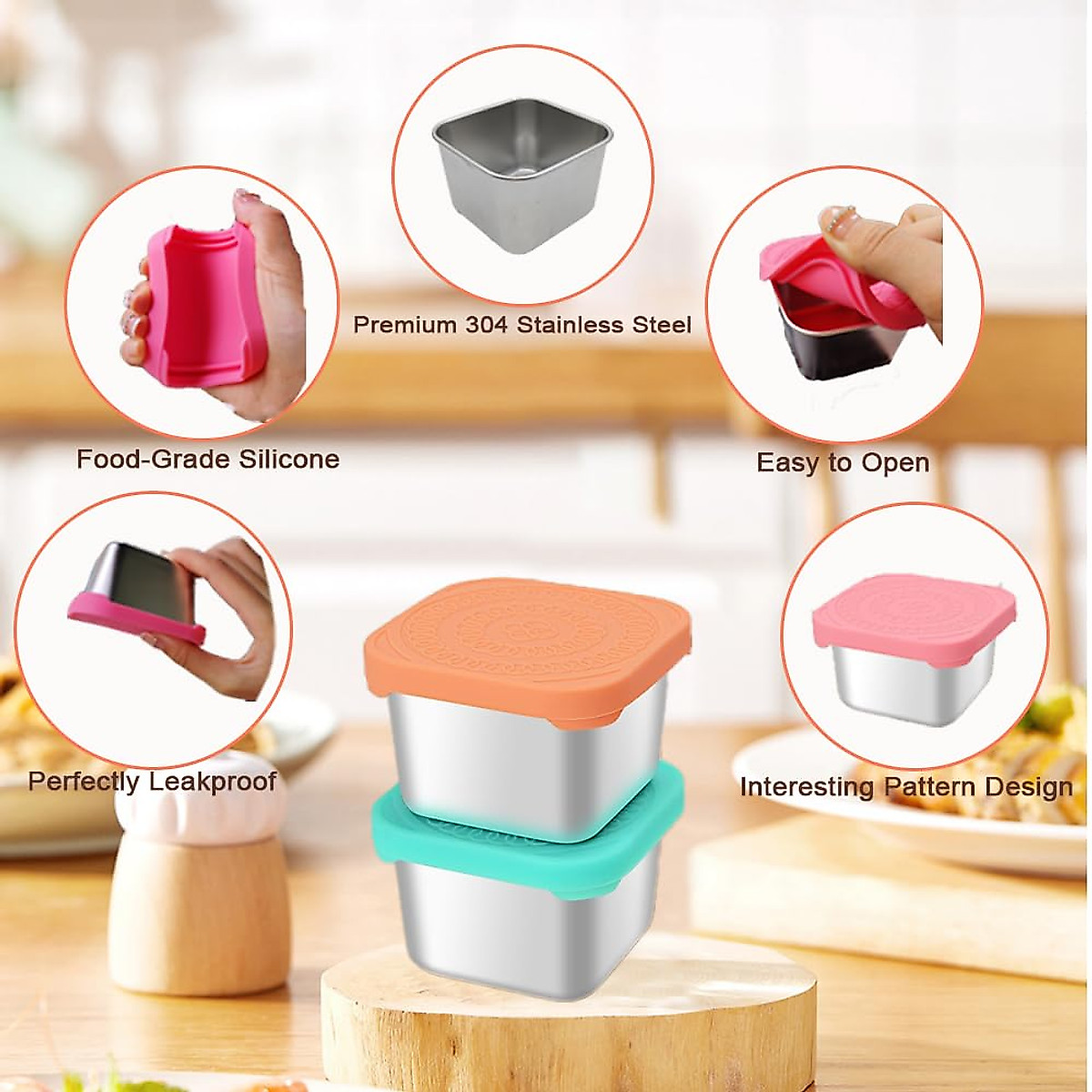 HyStarsigo Set of 3 Stainless Steel Snack Containers for Kids (6oz), Leak Proof Stackable Small Metal Food Containers with Silicone Lids, Stainless Steel Lunch Box for Toddlers and Kids