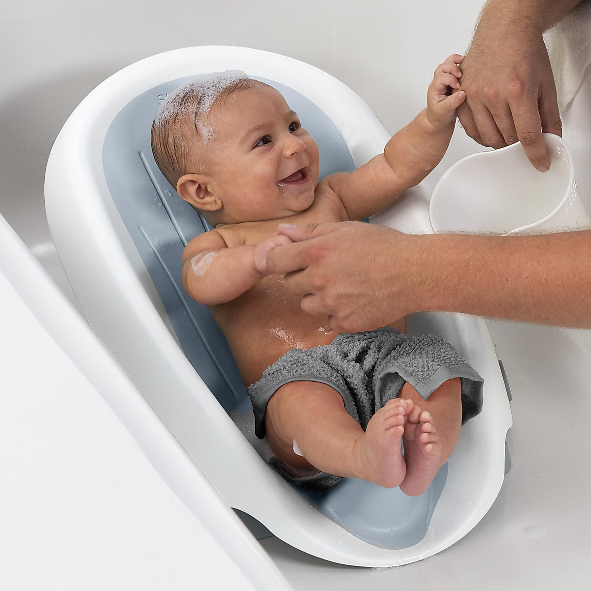Summer Clean Rinse Baby Bather (Gray) – Bath Support for Use on the Counter, in the Sink or in the Bathtub, Has 3 Reclining Positions and Soft, Quick-Dry Material – Use from Birth until Sitting Up