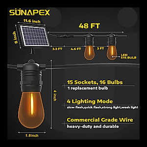 SUNAPEX Solar String Lights Outdoor Waterproof,48FT Solar Patio Lights with Shatterproof Edison Bulbs,Outdoor String Lights Solar Powered for Patio,Camping,Backyard