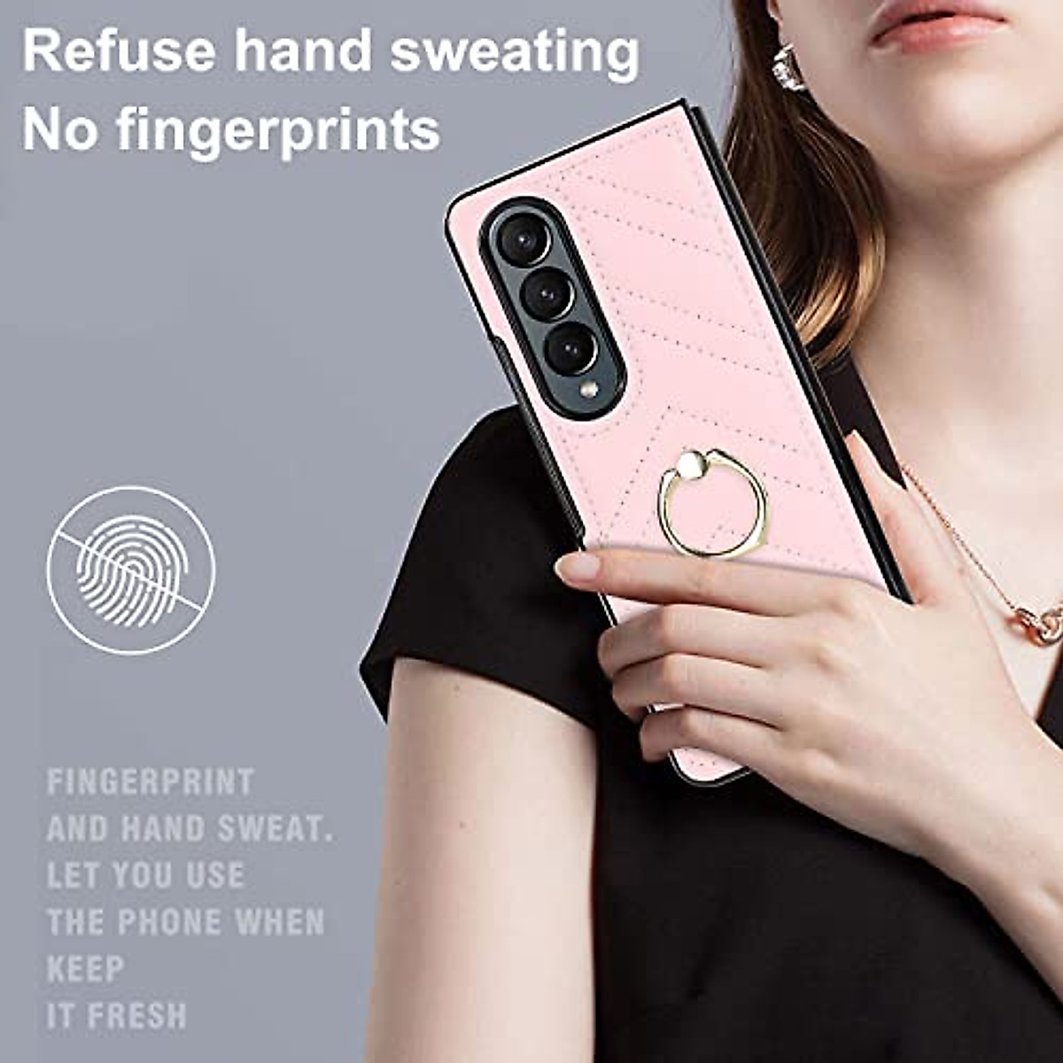 Case for Samsung Galaxy Z FOLD 3 5G,Luxury PU Leather + Hard PC Ultra Thin Slim Durable Protective Shockproof Phone Cover with Ring for Samsung Galaxy Z FOLD 3 5G(Pink)