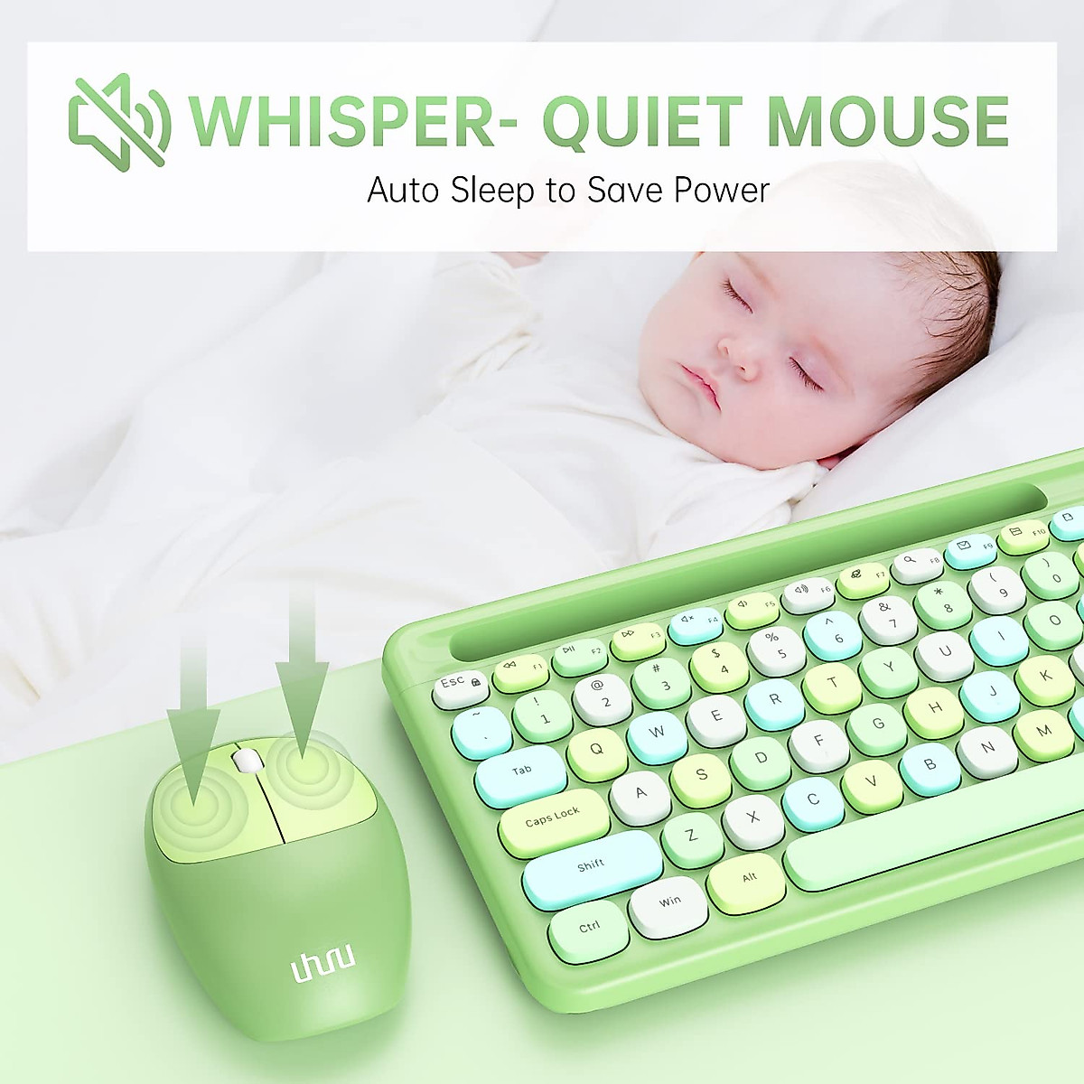 UHURU Colorful Wireless Keyboard and Mouse Combo - Computer Keyboard with Phone Holder, 2.4GHz Full-Sized Cute Green Keyboard and Mouse Set for Windows, Laptop, PC, Notebook - Green