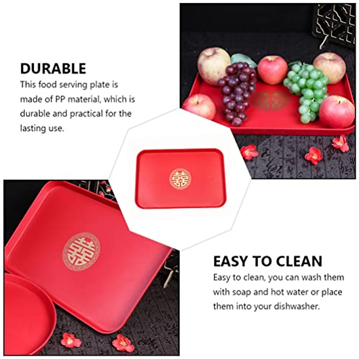 Red Tea Serving Tray Chinese Wedding Dessert Plate Tray Food Serving Tray Decorative Tray Organiser Ottoman Coffee Table Countertop for Bridal Shower Wedding