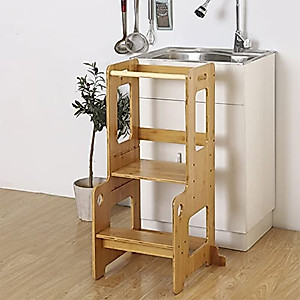 Abovehill Kids Step Stool Natural Toddler Kitchen Standing Study Stool 3 Height Adjustable Auxiliary Tower Toddler Stool for Kitchen Counter