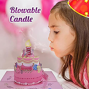 Blowable Candle 3D Birthday Pop Up Card, Musical Birthday Cards with Light, Music and Flower, Pink Cake Card, Blow Out LED Light Candle and Play Happy Birthday Song Greeting Card for Women Wife, Girlfriend, Mom