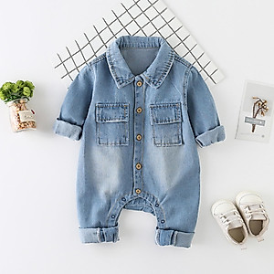 Alunsito Autumn Toddler Baby Boy Romper Long Sleeve Jumpsuit Animal Printed One-Piece Button-Down Denim Bodysuit Giraffe 73 3-6 Months