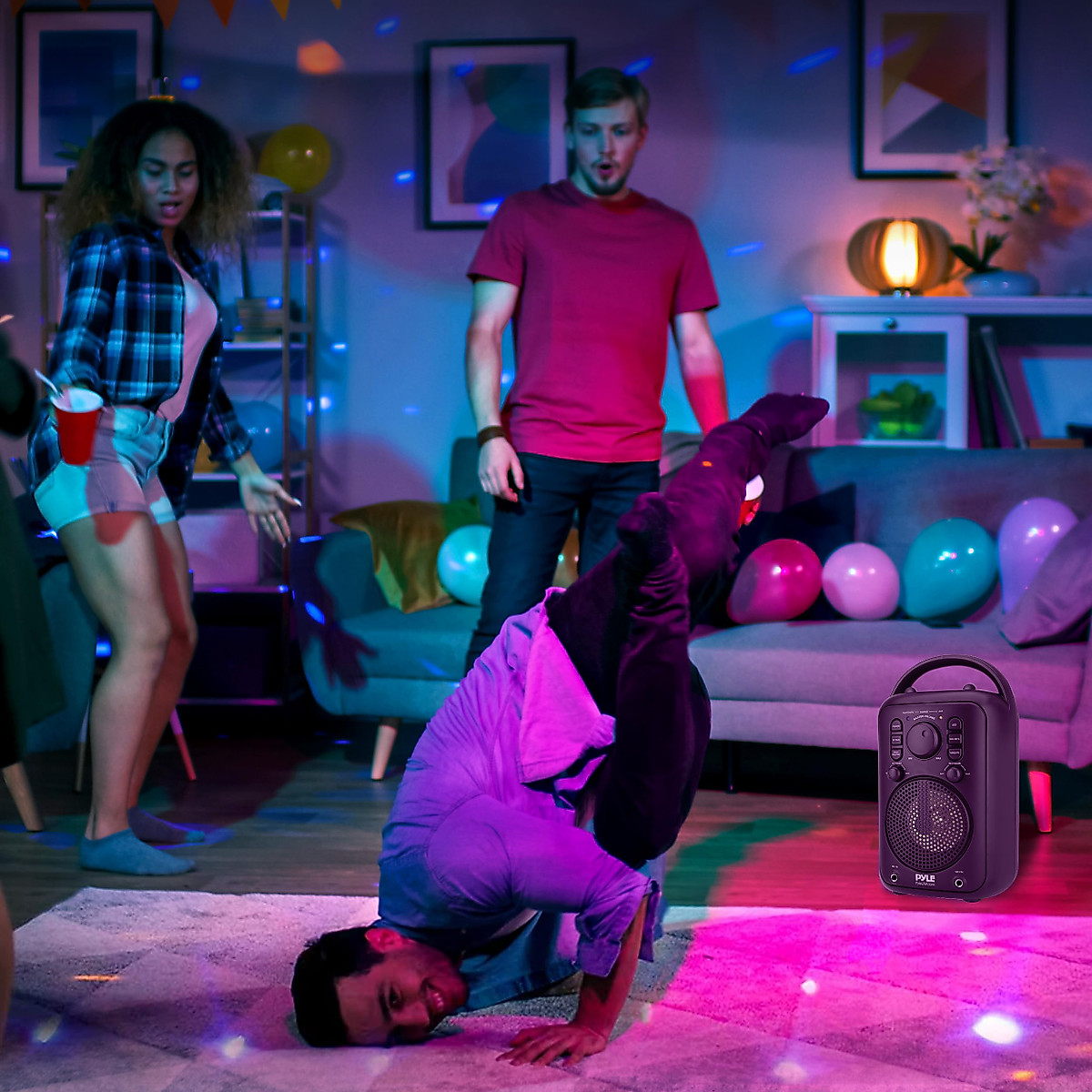 Pyle 4” Wireless BT Streaming Speaker - Portable Audio Speaker, with Two Microphones and Stand to Put Mobile Phone, 5.0 Bluetooth, Big Bass & Clear Sound, MP3, Classic Karaoke SystemP