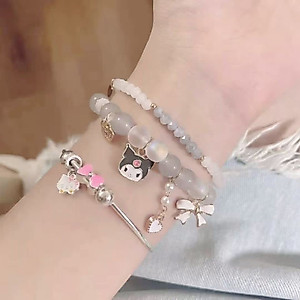 NIQIPOK kawaii Crystal Bead Bracelet Kuromi and My Melody Sanrio Bracelets for Bff Best Friend Cute Cartoon Kawaii Elastic Relationship Matching Bracelets (Gray)