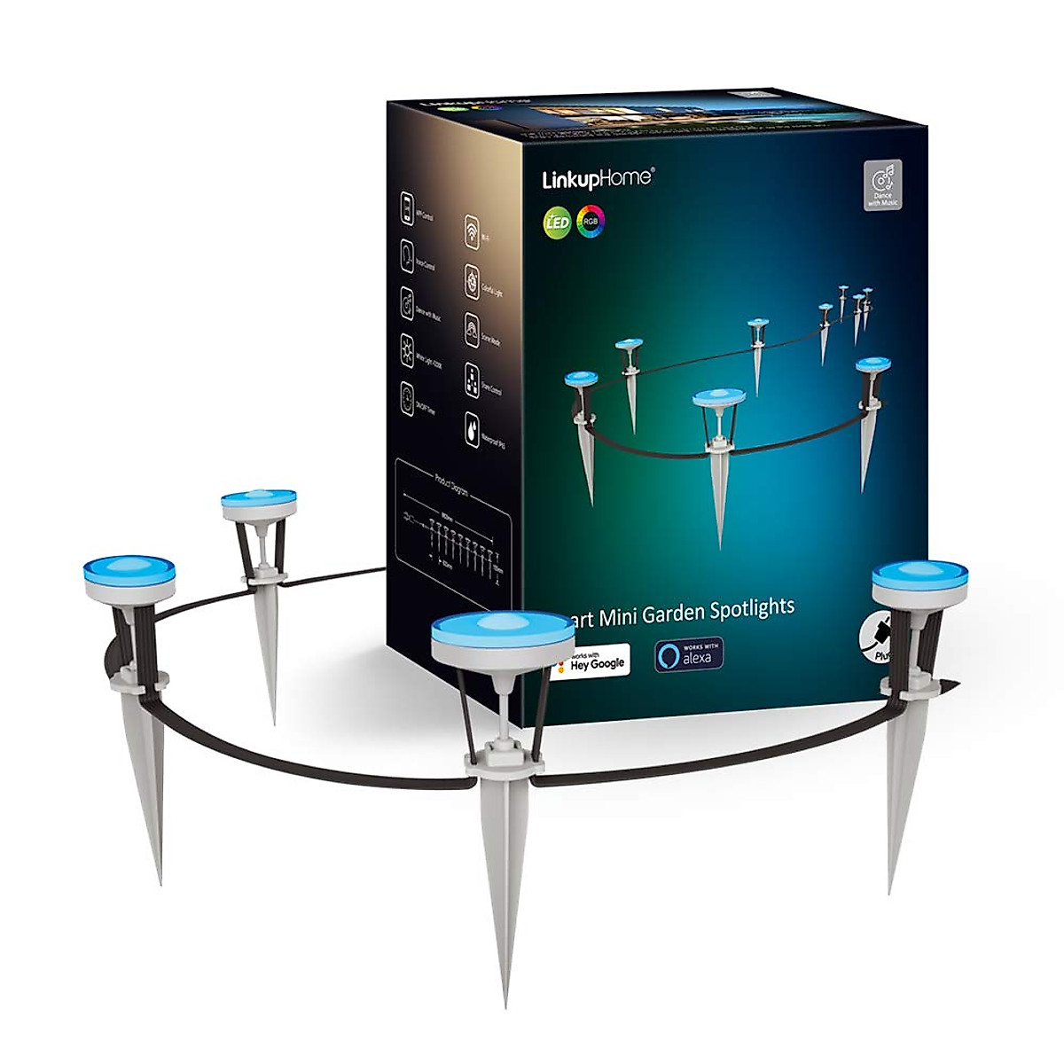 LinkupHome Smart LED Garden Spotlights, Work with Alexa, Google Assistant, Tuya Smart App, WiFi System (No Hub), Outdoor IP65 Waterproof, 8.8m, 9LEDs, 5W Dimmable 16 Million Colors