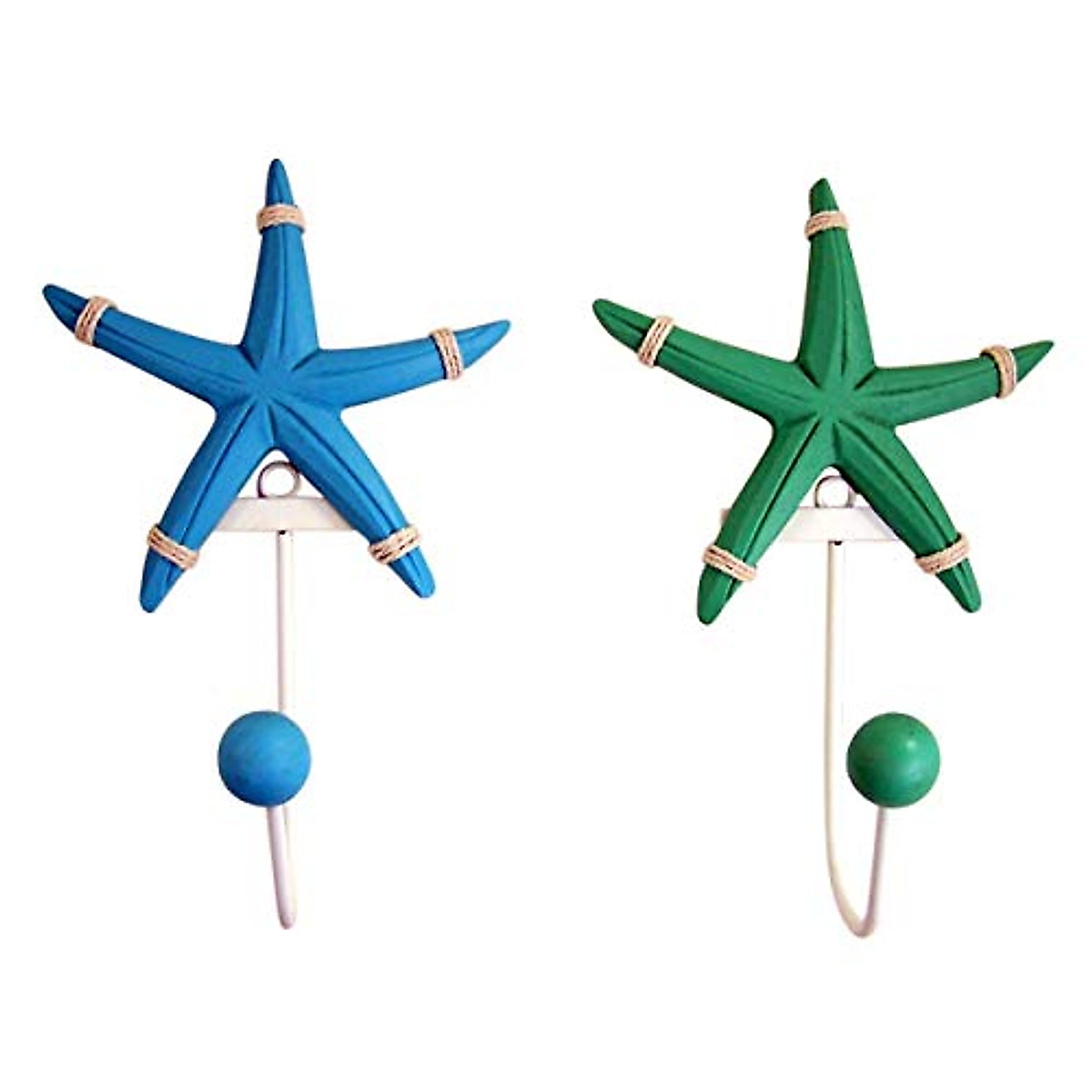 Blue and Teal Wooden Starfish Wall Hooks, Set of 2, 10 1/2 Inch