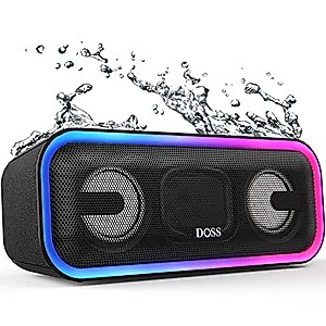 Bluetooth Speaker, DOSS SoundBox Pro+ Wireless Speaker with 24W Stereo Sound, Punchy Bass, IPX6 Waterproof, 15Hrs Playtime, Wireless Stereo Pairing, Multi-Colors Lights, Speaker for Home,Outdoor-Black