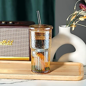 Joeyan 22 oz Amber Glass Tumbler with Straw and Lid for Iced Tea Coffee Smoothie Water Juice Beverages Soda,Ribbed Glasses Cups,Borosilicate Drinking Jar,Set of 2,Dishwasher Safe