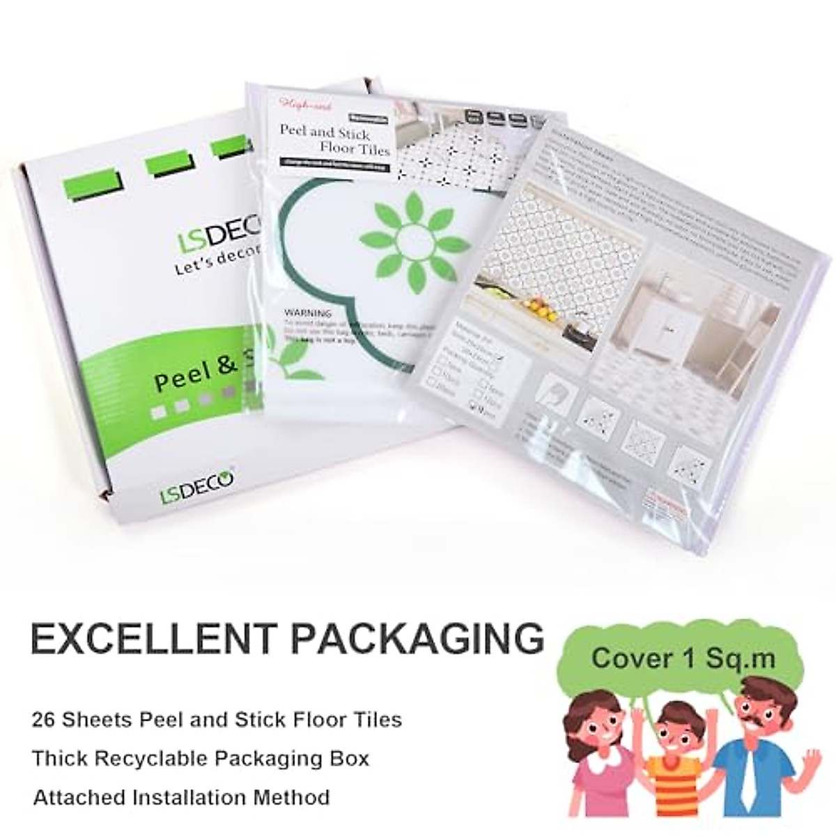 LSDECO 26 Sheets Peel & Stick Floor Tiles Vinyl Flooring 8"x8", Self-Adhesive Removable, Suitable for Wall Floor Kitchen Bathroom