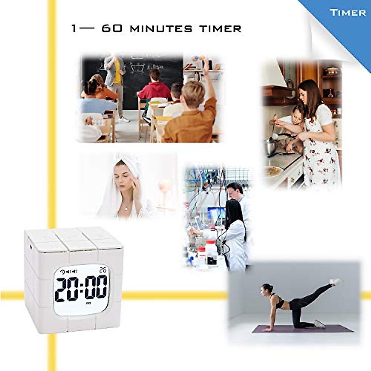 Digital Time Cube with Calendar, 2 Alarm Settings, Night Light, 1-60 Minutes Timer. 10 Level Brightness. (White/White Button/White SCRENN) Magic Cube Design