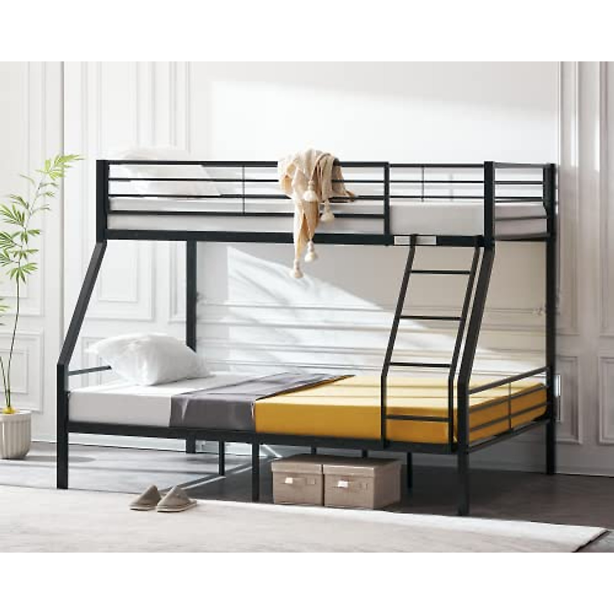 VINGLI Twin Over Full Bunk Bed for Kids/Adults with Stairs Flat Rungs, Heavy Duty Metal Slats, No Box Spring Needed, Black