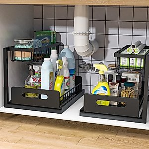 Bukfen Under Sink Organizer, Pull Out Cabinet Organizer 2-Tier Slide Out Sliding Shelf Under Cabinet Storage Multi-Use for Under Kitchen Bathroom Sink Organizers and Storage ，2 Pack