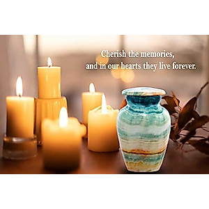 Keepsake Urn | Marble Finish Keepsake Cremation Urn for Ashes | Metal Sharing Urn for Human or Pets Ashes | Mini Memorial Urn with Velvet Bag (Blue Marsh)