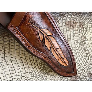by Carl Thomas Jr. Leather Knife Sheath for Buck 692 Vanguard or Zipper. Tooled W/feather &Dyed Brown